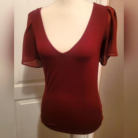 1. State | Tops | State Red Shirt With Sheer Sleeves Size Small | Poshmark